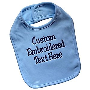 Funny Girl Designs Personalized Baby Bib EMBROIDERED with Your Custom Text and Color 100% Cotton Unisex (BLUE BIB)