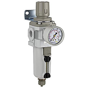 PneumaticPlus SAW400-N04BG-MEP Compressed Air Filter Regulator Piggyback Combo 1/2" NPT - Metal Bowl, Manual Drain, Bracket, Gauge