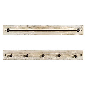 MyGift 2 Piece Set Wall Mounted Wood Sunglasses Organizer Rack and Coat Hook Wall Rack in Whitewashed Finish with Metal Hardware, Entryway Eyeglass Hanger Rail and Key Hooks