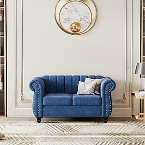 Tiokop Plush 51" Modern Style Dutch Fluff Double Seater Upholstered Sofa with Solid Wood Legs, Buttoned Tufted Backrest,Living Room Furniture for Apartment,Office and Lounge Area,Easy Assembly,Blue