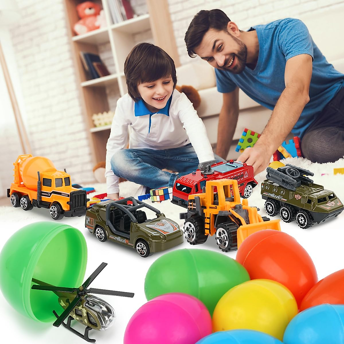 Sizonjoy 18 Pack Prefilled Easter Eggs with Die-cast Vehicles,4.2" Jumbo Plastic Easter Eggs Filled with Toys, Perfect for Basket Stuffers Fillers, Easter Eggs Hunt,Party Favor