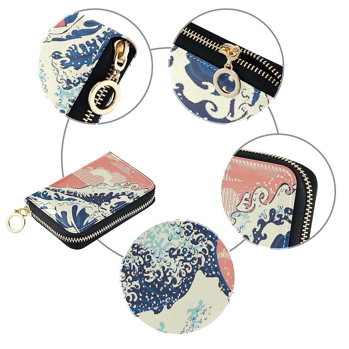 Japanese Great Waves Pink Background Credit Card Coin wallet, RFID Blocking Compact Women Leather Card Holder, Key Change Organizer, Zipper Purse Clutch Pouch Pocket