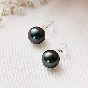 DENGGUANG 18K Gold Natural Round Cultured Black Pearl Stud Earrings for Women, 8-9mm High Luster Tahitian South Sea Cultured Pearl Earrings - White Gold