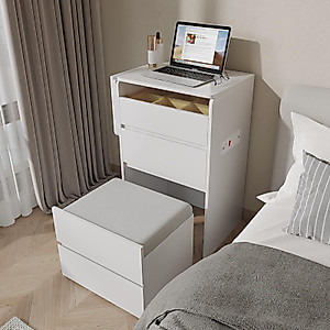 HIMAmonkey Small Makeup Vanity with Mirror and Lights, 3-in-1 Vanity Desk with 3 Drawers, Corner Vanity Set with Soft Stool, Compact Dressing Table for Living Room/Bedroom-19.7in/White