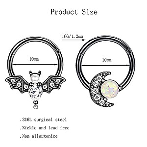 EVISPOL 2Pcs 16G Septum Nose Rings for Women Men, Stainless Steel Bat Septum Jewelry Moon Nose Rings CZ Septum Clicker Cartilage Daith Tragus Helix Ear Piercing Jewelry-Black Bat- Moon