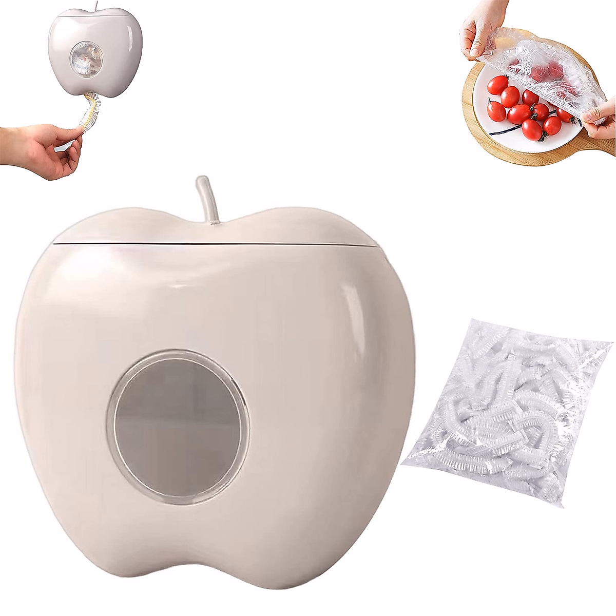 Plastic Wrap Storage Box, Fresh Keeping Bag Storage Box with 100 Pcs Cling Films, Punch-Free Wall-Mounted Large Capacity for Apple Shape Kitchen Bathroom Shower Cap Organizer Dispenser (Grey+100Pcs)