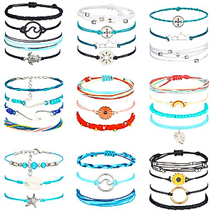Hicarer 33 Pieces Summer Rope Bracelet Set for Women Adjustable Friendship Bracelet Handmade Braided Beach Ankle Bracelet Jewelry (Elegant Style)