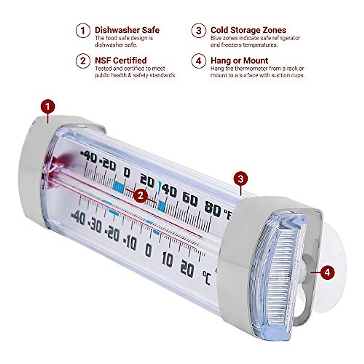 Escali AHF2 Shatter Proof Glass Refrigerator Freezer Thermometer with Suction Cups, Safe Temperature Indications, Fridge and Freezer Temperature Zones NSF Certified