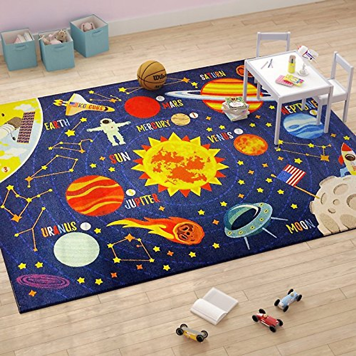 KC Cubs Outer Space Solar System Road Play Educational Learning & Fun Game Boy & Girl Kids Rug Carpet for Children Bedroom, Toddler Classroom and Baby Playroom Floor Mat, Playtime Adventure Activity