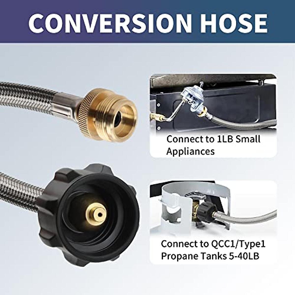 SILATU Propane Tank Adapter Hose - QCC1/Type1 Connect to 1lb to 20lb Tank, Stainless Steel Braided Propane Hose Adapter for Camping Stove, Portable Buddy Heater, Gas Grill, 5FT