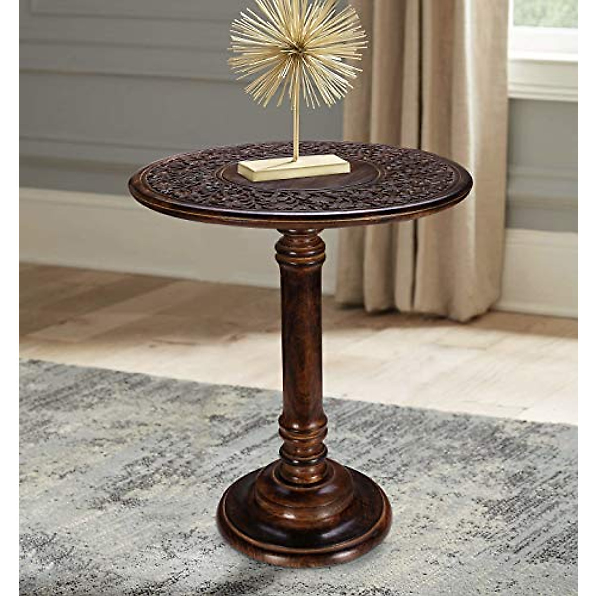 Coffee Table Wooden With Single Pillar, Wooden End Table, Small Table, Night Stand, Desk Side Table, Bedside Table, Entry Table, Living Room Side Table for Magazines, Books & Plants-18x22 Inch Burnt