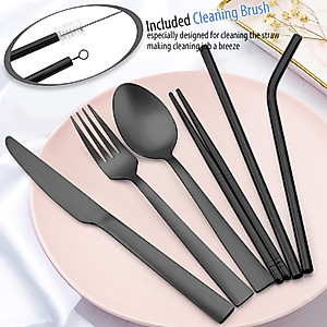 Matte Black Travel Utensils Set, E-far 8-Piece Metal Travel Silverware Portable Camping Reusable Cutlery Flatware Set Includes Knife, Fork, Spoon, Chopsticks, Straws - Charcoal Gray Case