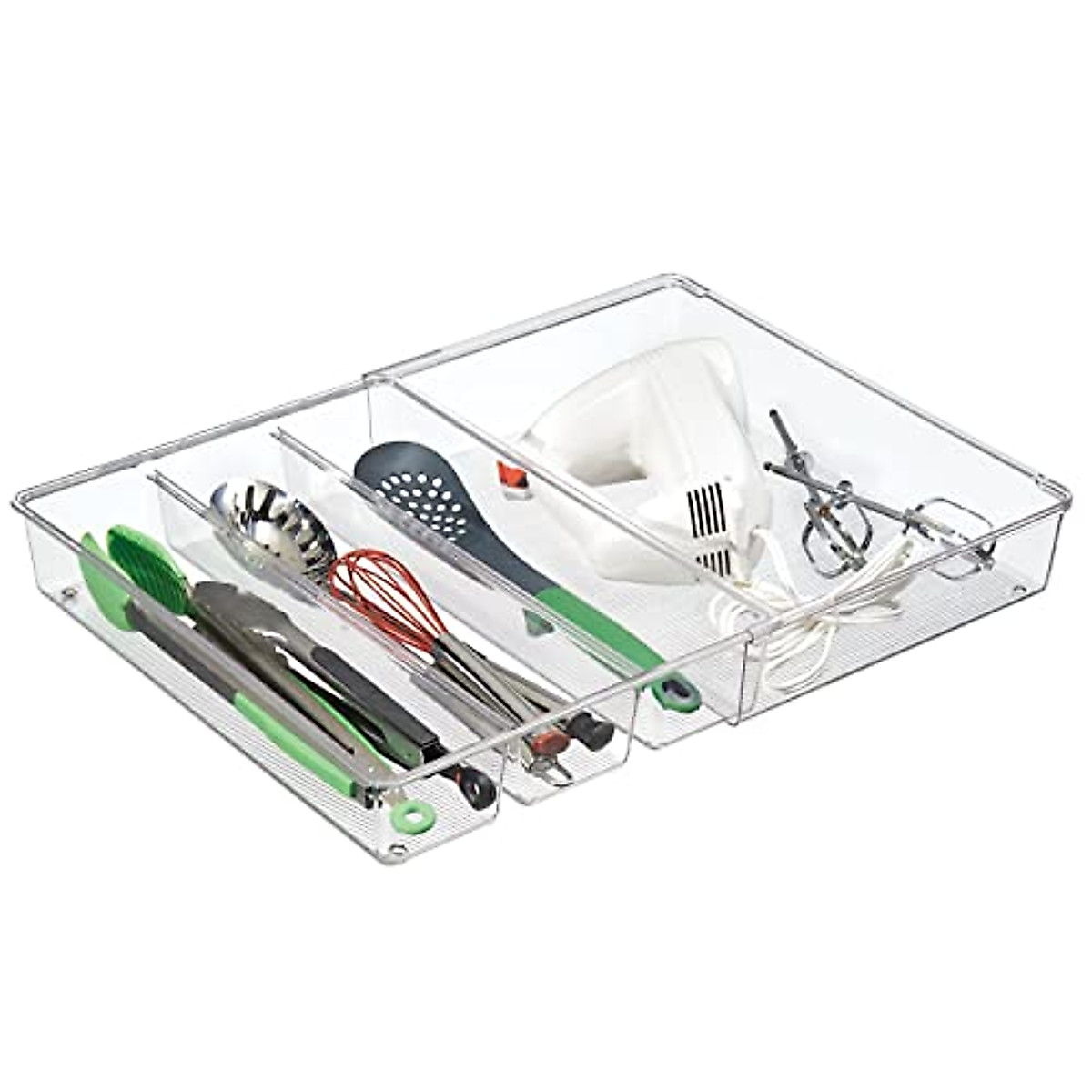 mDesign Plastic Adjustable/Expandable Divided Drawer Storage Organizer with 4 Compartments for Kitchen Pantry, Cupboard, Cabinet, Hold Silverware, Utensils, Cutlery - Ligne Collection - 2 Pack - Clear
