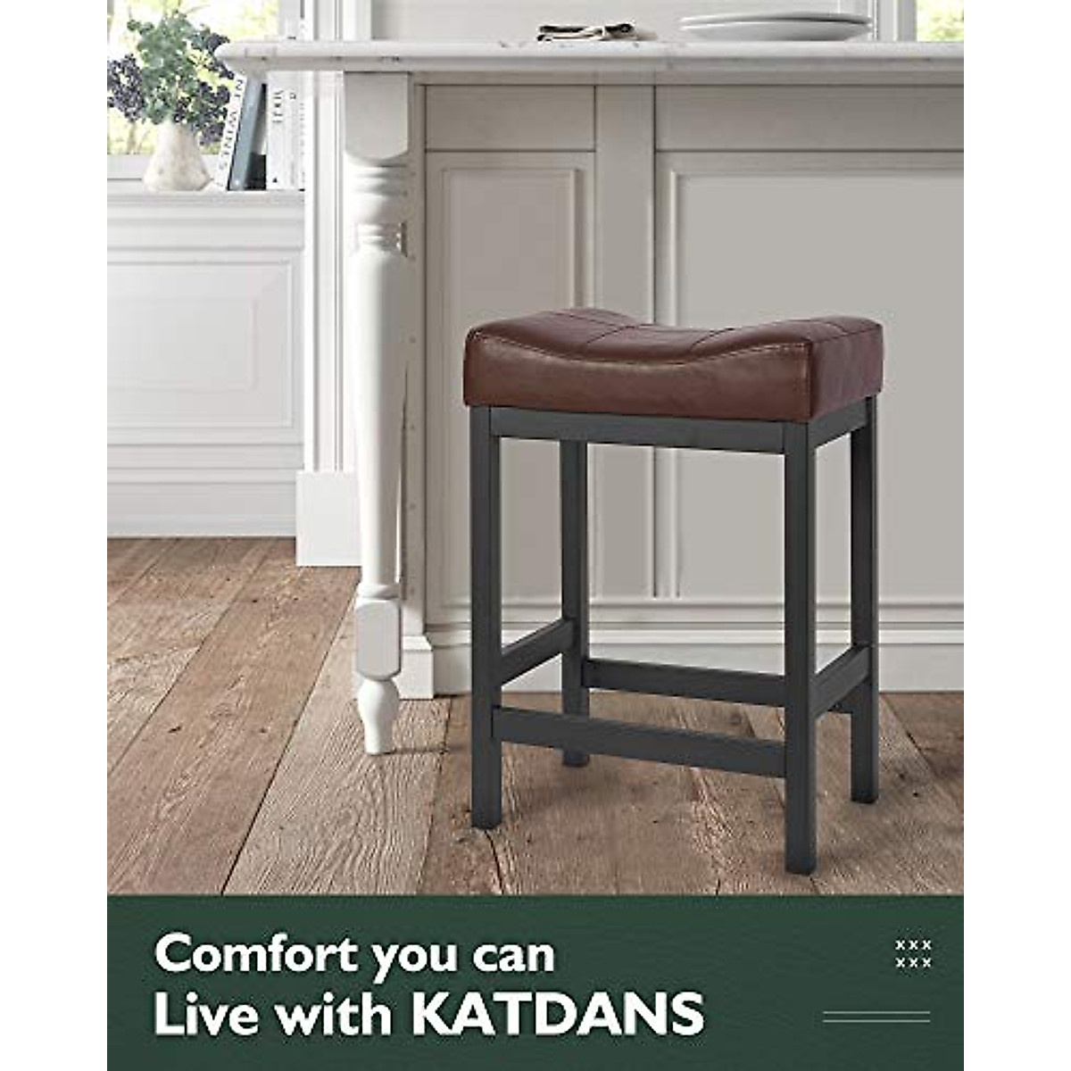 KATDANS Bar Stools Set of 2-Counter Height Stools - 24 Inch Saddle Stool - PU Leather Kitchen Stools - Brown/Black - Metal Base, KS861P-B