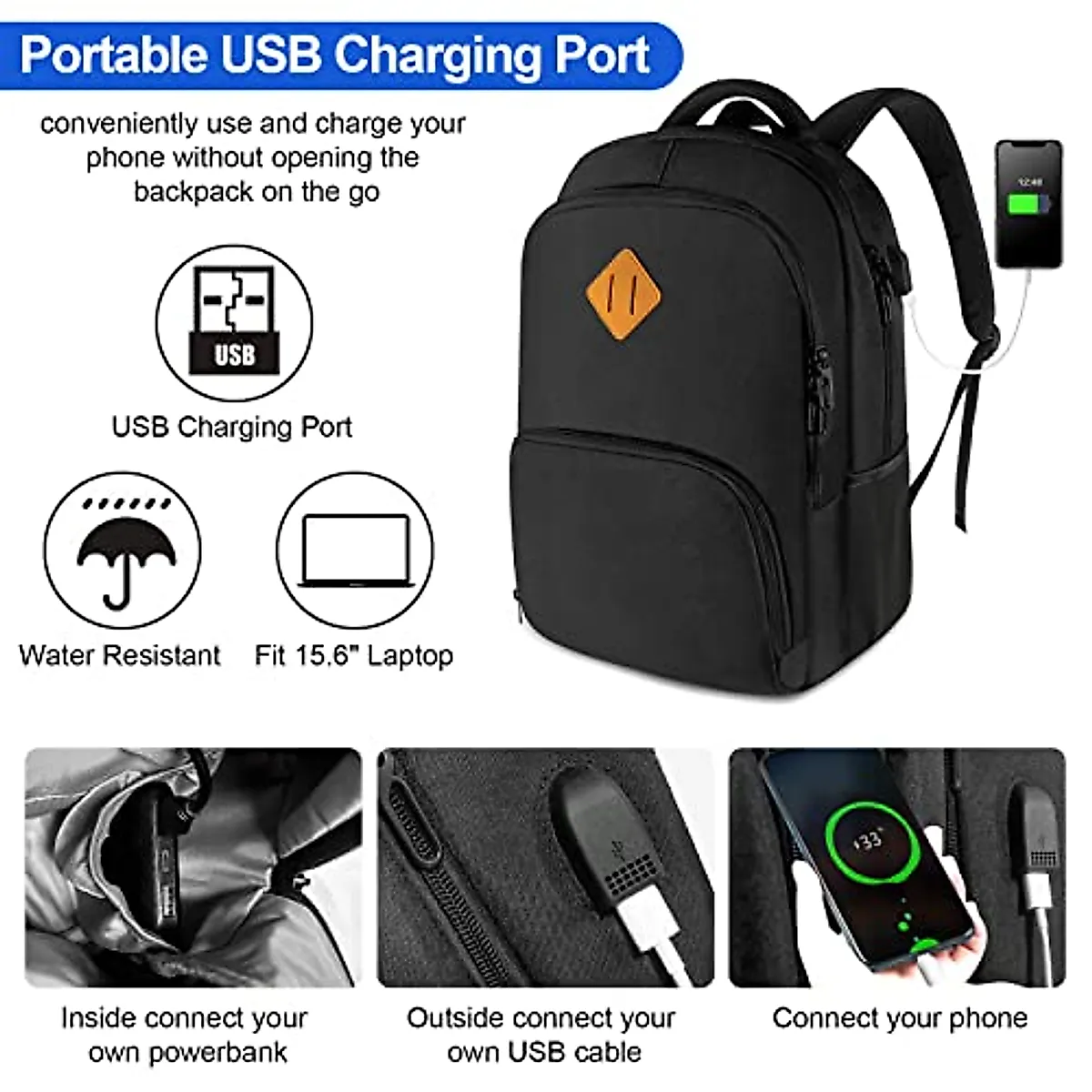Black Backpack for School College, 15.6 Inch Anti Theft Travel Laptop Backpacks Water Resistant Computer Bag Bookbag with USB Charging Port for Women Men Teen Boys Girls