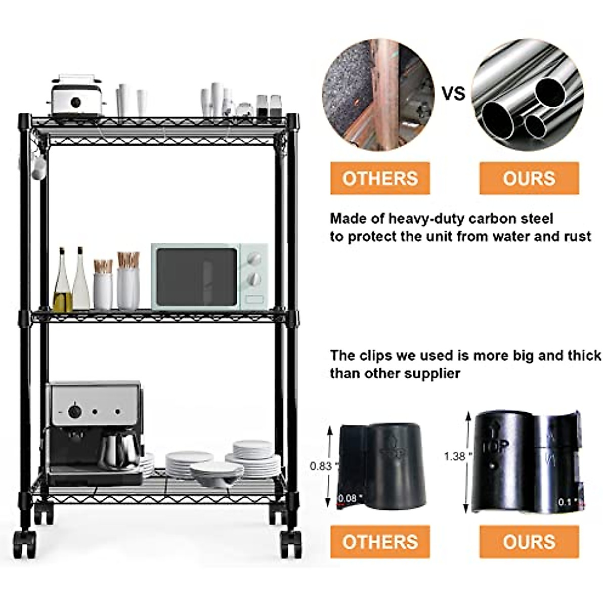 Storage Shelves, 3 Tier Shelf Adjustable Wire Shelving Unit, Sturdy Steel Metal Shelves Heavy Duty Shelving Rolling Cart with Casters for Garage, Kitchen, Living Room, Bathroom, 23.6L X 13.8W X 35.4H