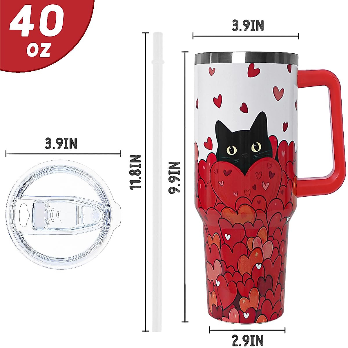 Nqhsionv Valentines Cat Tumbler with Handle 40 oz Cute Black Cat Love Hearts Coffee Travel Mug Stainless Steel Insulated Cup Valentines Anniversary Wedding Birthday Gifts for Women Cat Lover