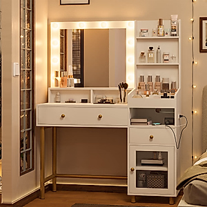 VIAGDO White Vanity Desk with Mirror and Lights, Makeup Vanity with Charging Station & 3 Storage Compartments, Makeup Desk with Drawers and Open Storage Shelves, Bedroom Dressing Table
