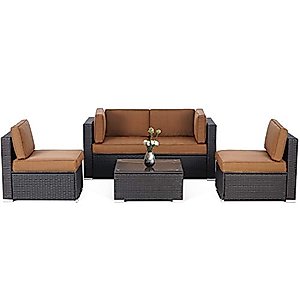 SUNCROWN 5-Piece Outdoor Patio Furniture Sofa Set All-Weather Wicker Sectional Sofa Couch Conversation Sets with Washable Cushions and Coffee Table (Brown)