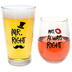 Funny Mr. Right and Mrs. Always Right Novelty Wine Glass and Beer Glass | Includes Fun, Stylish Gift Box | For Weddings, Engagement, Newlywed, Bachelorette, Anniversary, Couples Gifts
