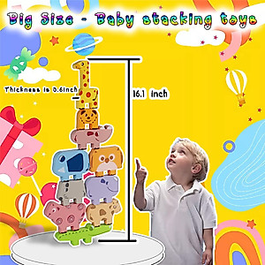 TKBABEUE Wooden Blocks Stacking Toys Age 18+ Months Old, 10 Montessori Animals Stacker Building Puzzle with 10 Pcs Level Cards 1 Bag STEM Preschool Learning Educational Games Activities Gifts Toddler