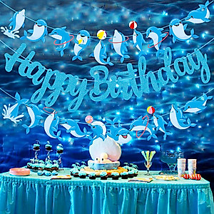 Dolphin Birthday Banner Decorations Dolphin Birthday Party Decorations Supplies Blue Glitter Dolphin Happy Birthday Banner Decorations for Under the Sea Themed Birthday Party Baby Shower Supplies