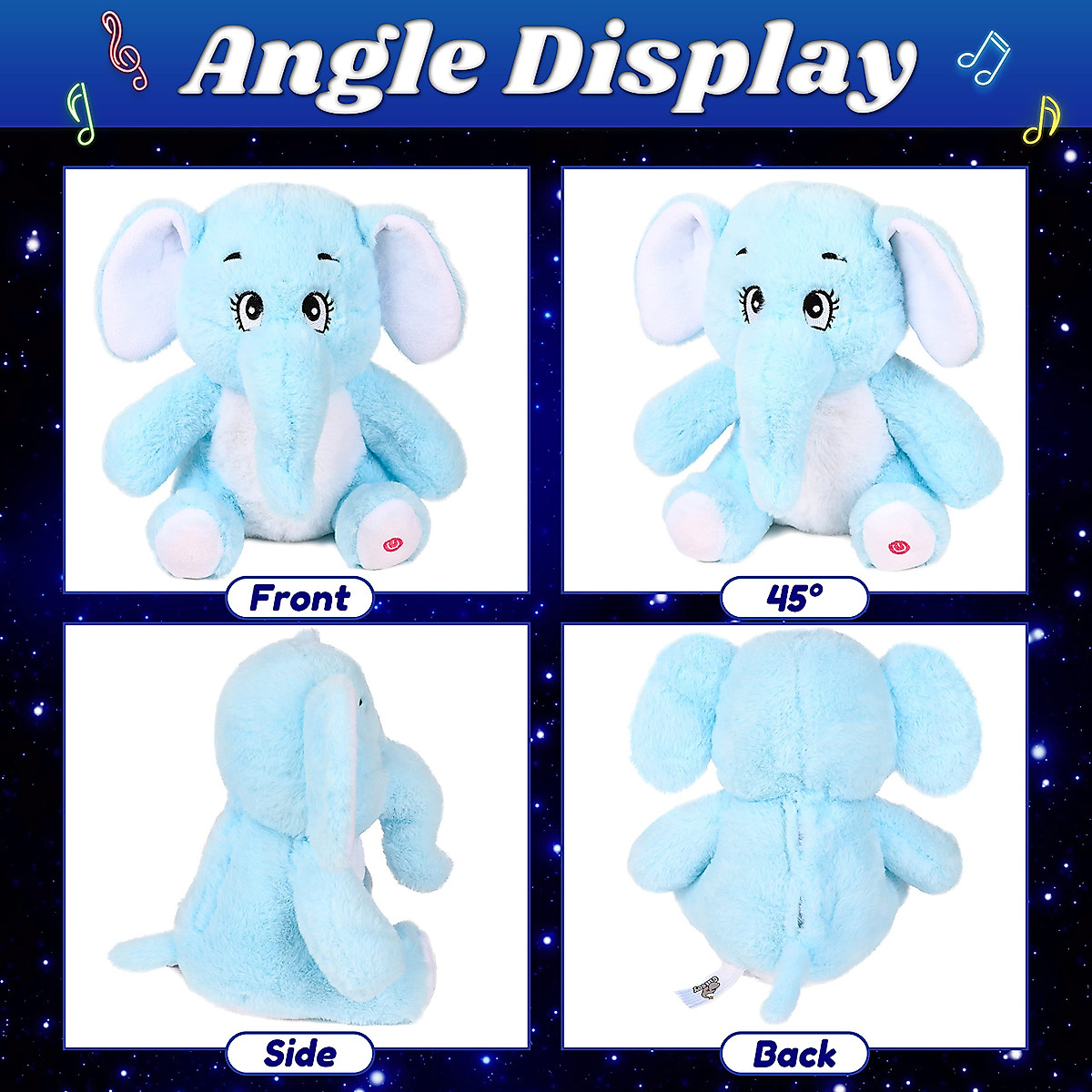 Cuteoy Musical Plush Elephant Stuffed Animal Soft Glowing LED Light-up Nightlight Toys Singing Lullabies Birthday Christmas Plushies Gifts for Kids Boys Girls,10"