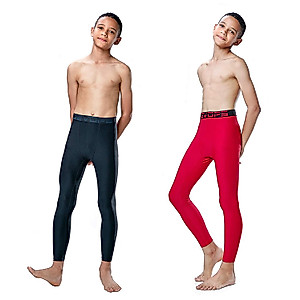 DEVOPS 2 Pack Youth & Boys Thermal Compression Baselayer Sport Tights Fleece Lined Pants (Large, (Non-Fly) Black/Red)
