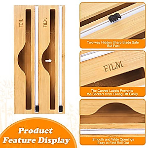 Wownic Wrap Dispenser 2 in 1 with Cutter and Labels Carved | WrapNeat Plastic Wrap Organizer | Foil and Wax Dispenser for Kitchen Drawer | Bamboo Roll Organizer Holder | Compatible with 12" Roll