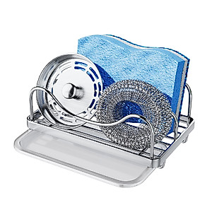 Consumest Sponge Holder for Kitchen Sink, Movable Sink Caddy for Countertop Organizer, 304 Stainless Steel Sink Sponge Holder with Detachable Drip Tray for Kitchen Accessories-Silver