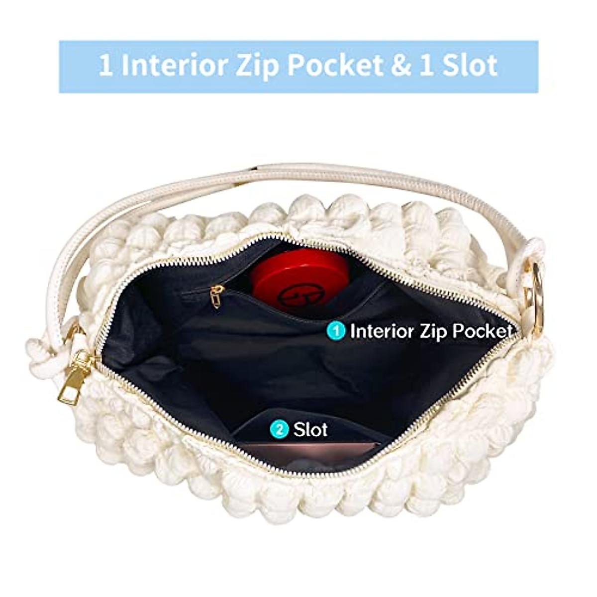 TANJUR Soft Cloth Bag Shoulder Cloud Bag Large Clutch Shoulder Tote HandBag with Zipper Closure for Women (White)