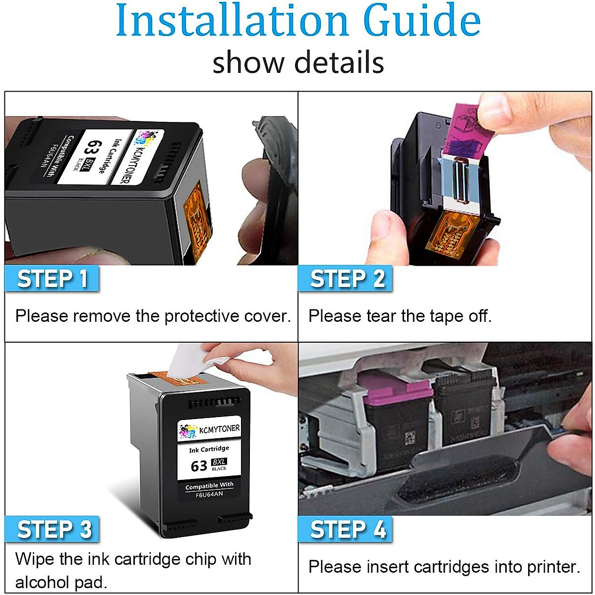 KCMYTONER High Yield Remanufactured 63XL 63 XL 63BXL Black Ink Cartridge Compatible for HP OfficeJet 5255 5258 4650 Envy 4520 4516 Deskjet 2130 Printer, Show Ink Level with The Latest chip - 1 Pack
