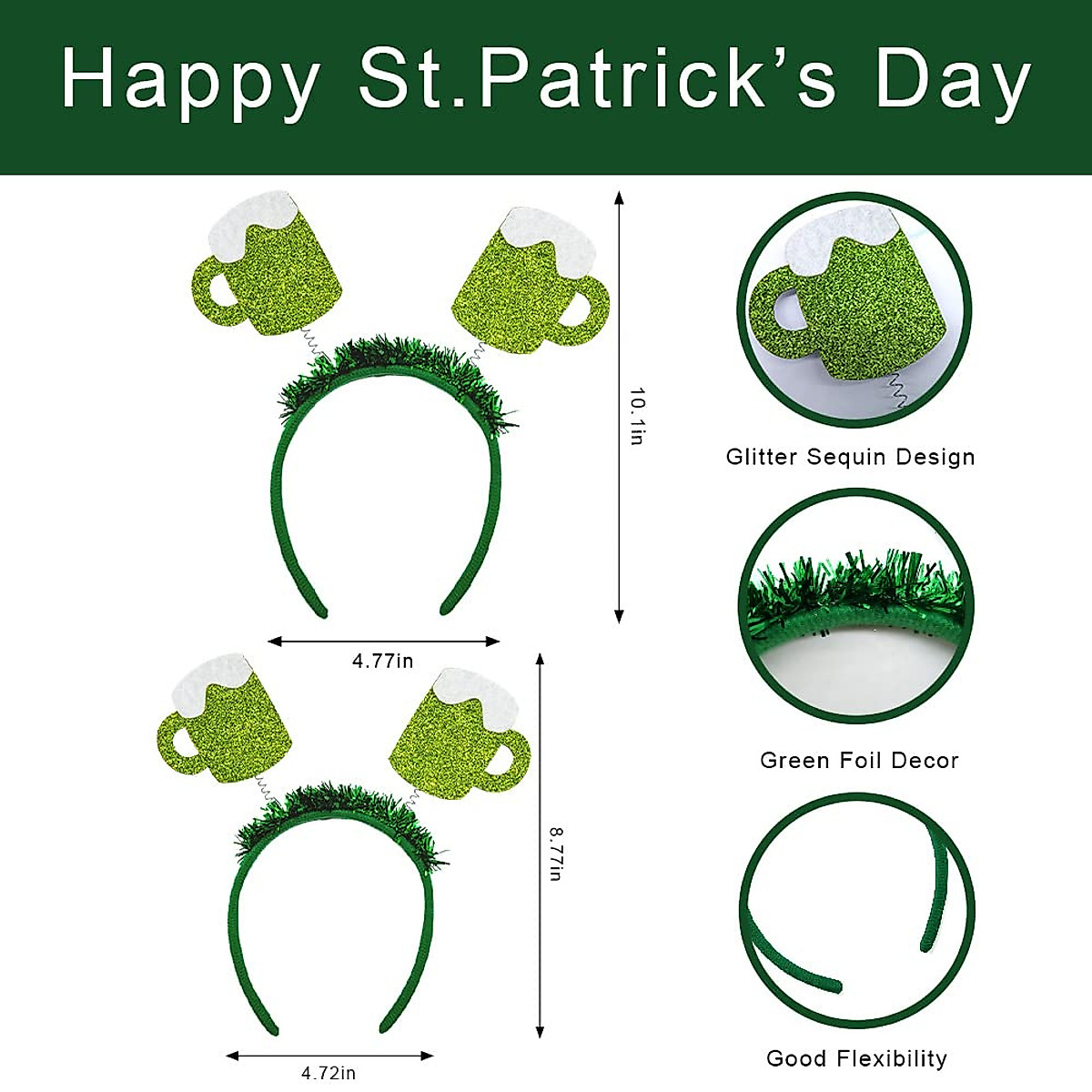 Estivaux 2 PCS St. Patrick's Day Headbands, Glitter Green Headwear Tassel Hair Accessories Holiday Hair Hoops for Saint Patrick's Day Decorations Custome Cosplay Party Supplies