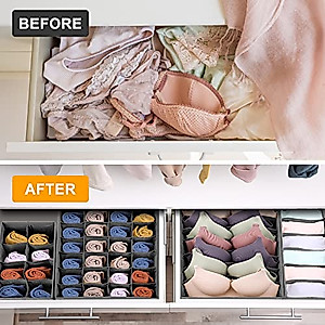 AzxecVcer 4 Set Sock Underwear Organizer,45 Cell Foldable Washable Odorless Fabric Drawer Organizers Storage Divider for Clothing, Baby Clothes, Bra, Panty, Socks, Scarf, Ties (Grey)