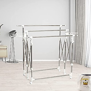 Todeco Clothes Drying Rack, Foldable Stainless Steel Laundry Drying Hanger Rack on Wheels for Laundry with Extendable Rods and Hanging Rail for Indoor Outdoor