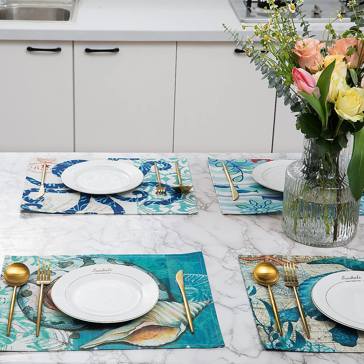 Ocean Animals Placemats Set of 4 Marine Organism Sea Horse Turtle Shell Octopus Table Mats for Dining Table 16.5x12.6 Inches