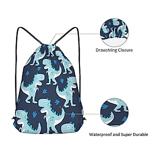 Beabes Blue Dinosaur Print Drawstring Backpack Bag - Dino Little Cute Cartoon Animal Pattern Roar Series Sport Gym Sack Drawstring Bag for Men Women