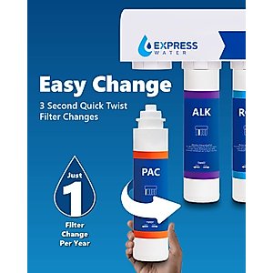 Express Water – 1 Year Elite RO Alkaline Reverse Osmosis System Replacement Filter Set – 5 Easy Change Quick Twist filters with Alkaline Filter for added Essential Minerals – 100 GPD RO Membrane