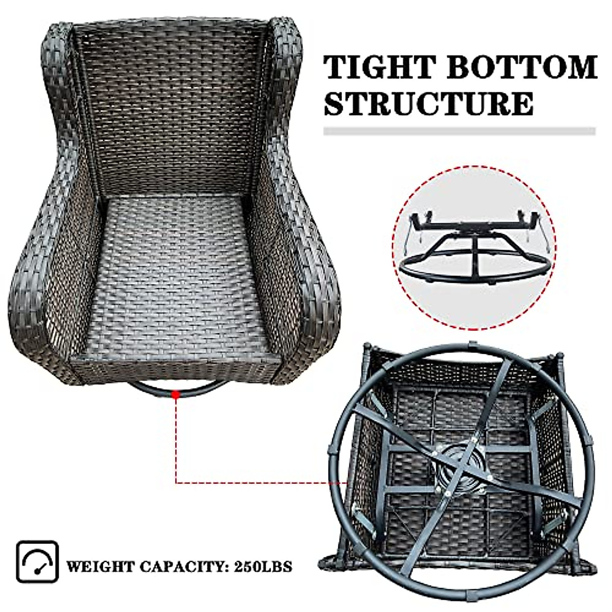 XIZZI Patio Chair Outdoor Swivel Rocking Patio Chairs Set of 2 and Matching Side Table 3 Pieces PE Rattan Wicker Patio Bistro Set 360 Degree Rotation Chairs,Grey Wicker Denim Blue