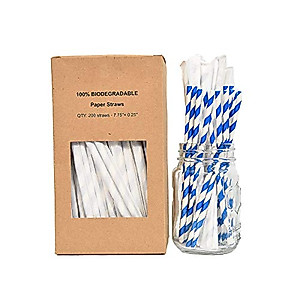 200-Pack Premium Biodegradable Paper Straws - Eco-Friendly Drinking Straws - Bulk Paper Straws for Juices, Smoothies and Party Decorations - 7.75" Long .25" Wide (Blue)