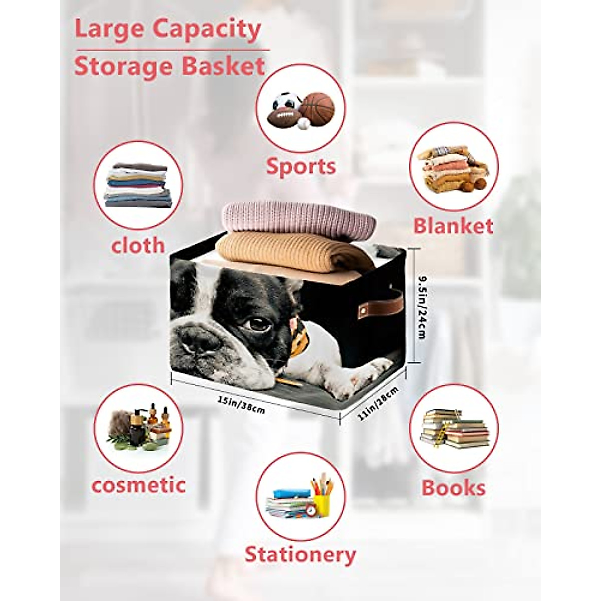 Storage Organizer Bins Set of 1 Storage Baskets for Clothes on Shelves With Handles Lovely French Bulldog Animal Photography Black Rectangular Fabric Laundry Baskets for Organizing