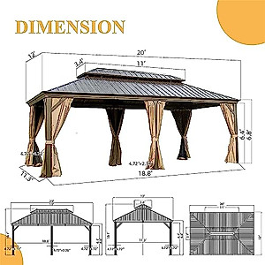 Evedy 12'x20' Outdoor Gazebo, Hardtop Gazebo, Outdoor Aluminum Frame Canopy with Galvanized Steel Double Roof, Outdoor Permanent Metal Pavilion with Curtains and Netting for Patio, Backyard Lawn