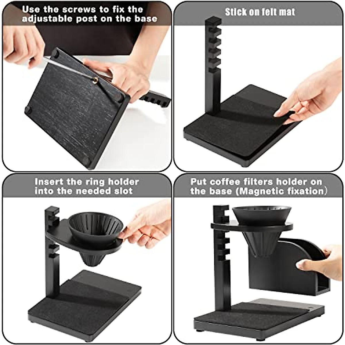 Yangbaga Wood Pour Over Coffee Makers Set Adjustable Height Coffee Dripper Holder Set– Includes Silicone Coffee Dripper&Dripper Stand&Coffee Filter Holder for Home or Office (Black)