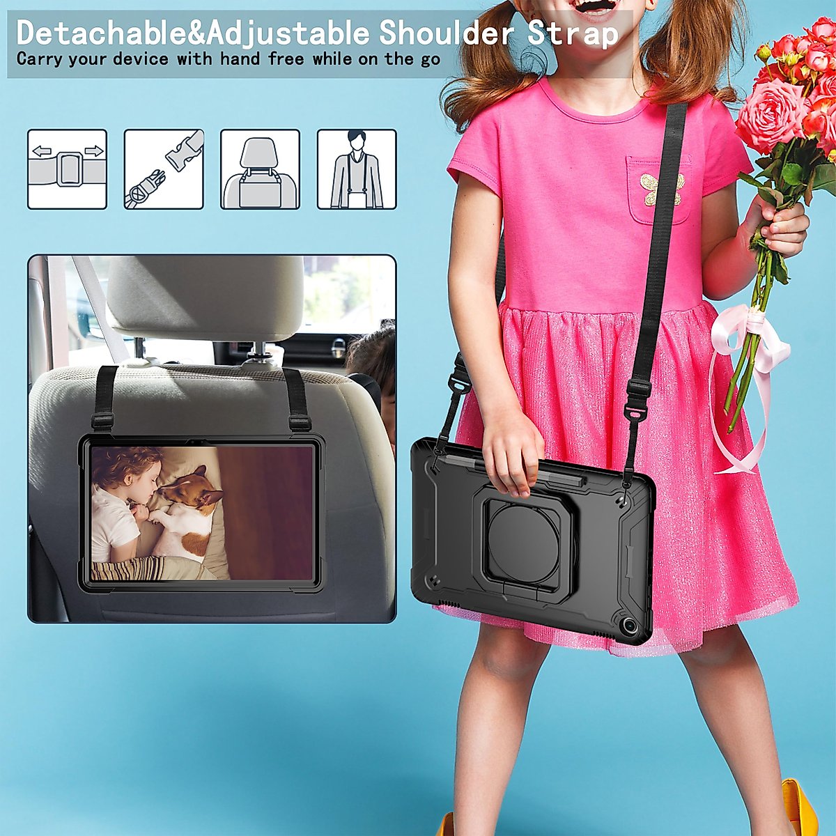 zukof Case for Amazon Fire Max 11 inch Tablet (13th Generation, 2023 Release) Hybrid Shockproof 360 Rotating Multi-Functional Ring Stand Case with Shoulder Straps (Black/Black)