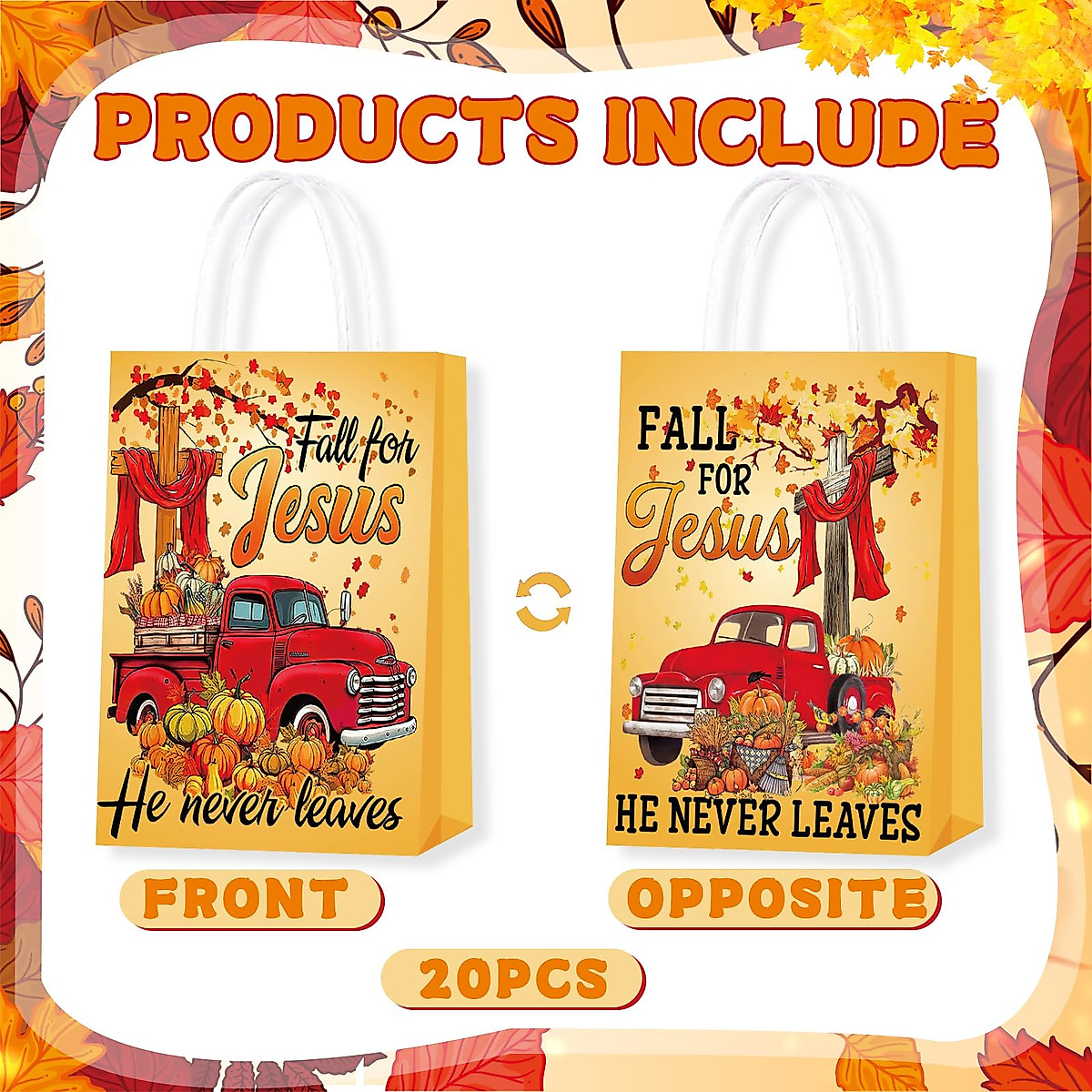 20Pcs Fall for Jesus He Never Leaves Gift Bags,Thanksgiving Gift Bags Pumpkin Autumn Maple Leaf Bible Decorations Christian Religion Gift Bags for Autumn Thanksgiving Day Party Decorations Jesus Party Supplies Gifts
