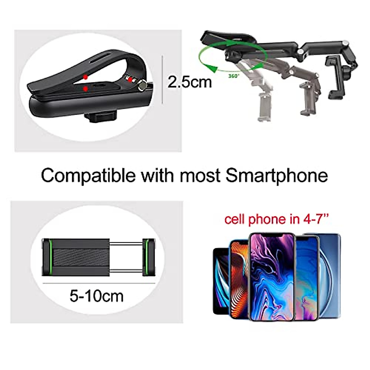 Sun Visor Car Phone Holder Mount,Multifunctional Cell Phone Stand Universal Adjustable Arm Cradles 360°Rotatable Car Clip Mount for Sun Visor Rearview Mirror Steering Wheel (Gray)