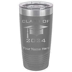 LaserGram 20oz Vacuum Insulated Tumbler Mug, Grad Cap Class of 2023, 2024, 2025, 2026, 2027, Personalized Engraving Included (Gray)
