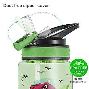 Home Tune Cute Water Bottle for Kids Girls Boys, BPA Free & Sturdy Print & Leak Proof Flip Straw & Carry Loop & Easy Clean, 15oz - Dinosaur