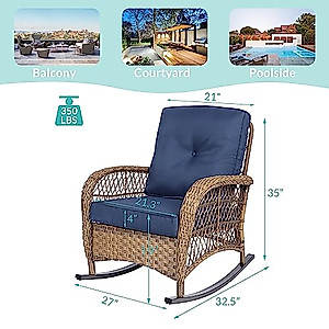 MEETWARM Outdoor Wicker Rocking Chair, Rattan Patio Rocker Chairs with Cushions and Steel Frame - Navy Blue