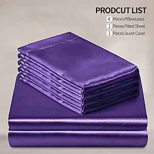 Manyshofu 6Pcs Dark Purple Duvet Cover Set Queen Size with Satin Fitted Sheet - Not Comforter, Cooling Satin Duvet Cover Sheets Silky Comforter Cover Set(4 Pillowcases, 1 Duvet Cover, 1 Fitted Sheet)